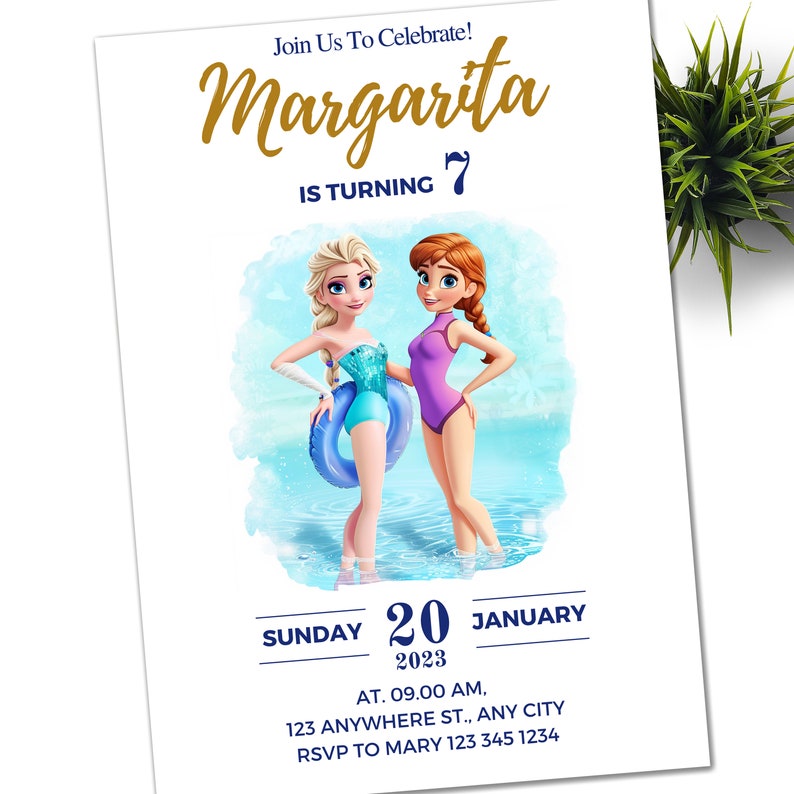 FROZEN Pool Party Elsa and Anna Birthday Invitation Summer Birthday ...