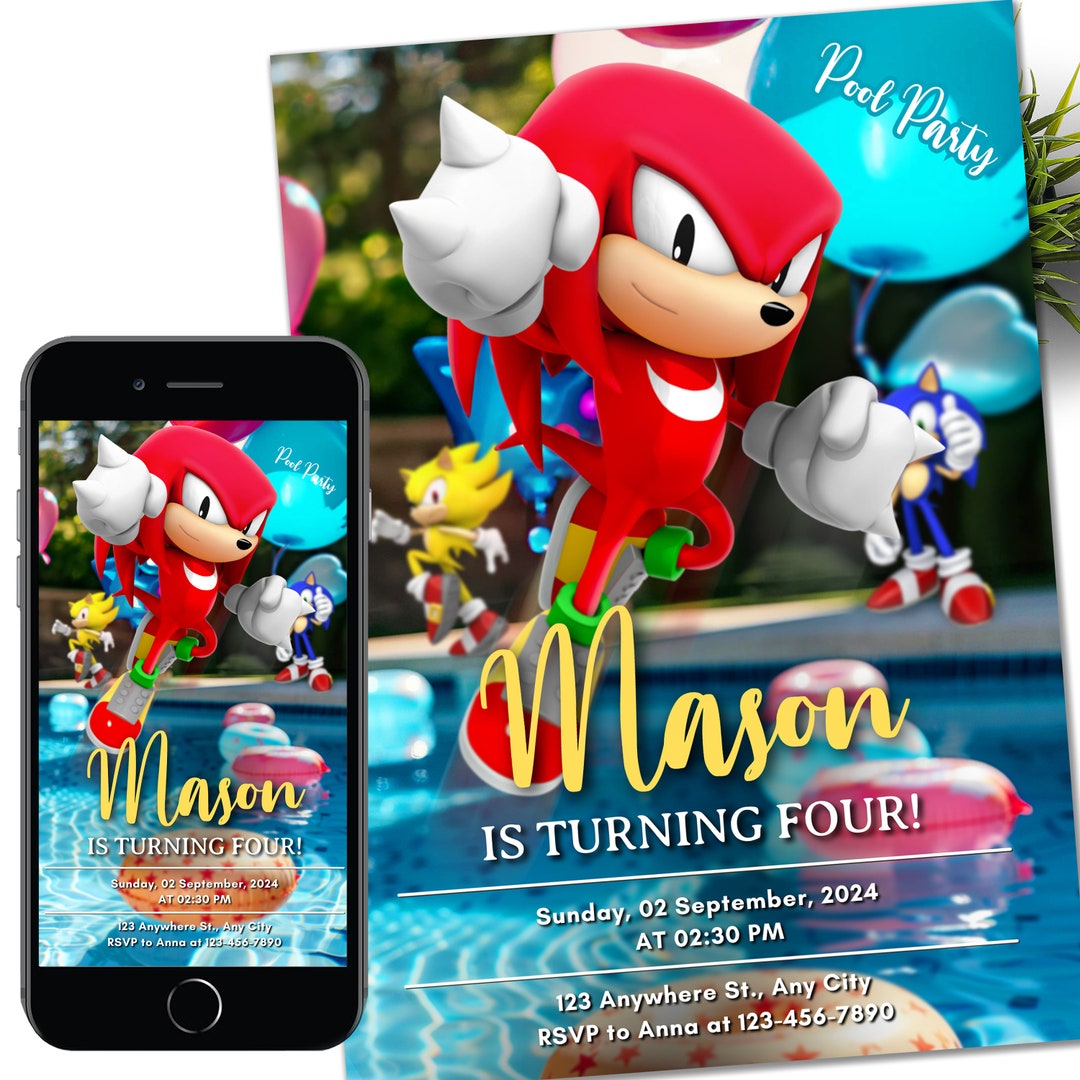 Pool Party Sonic the Hedgehog Movie Birthday Invitation, Knuckles ...