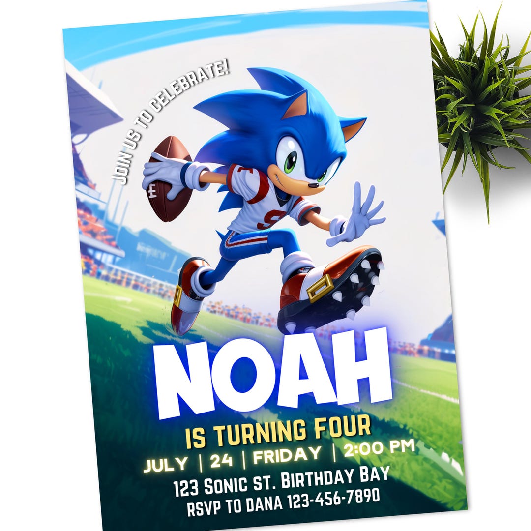 Sonic Football Invitation, Super Hedgehog Kids Party E-invite, Hedgehog ...