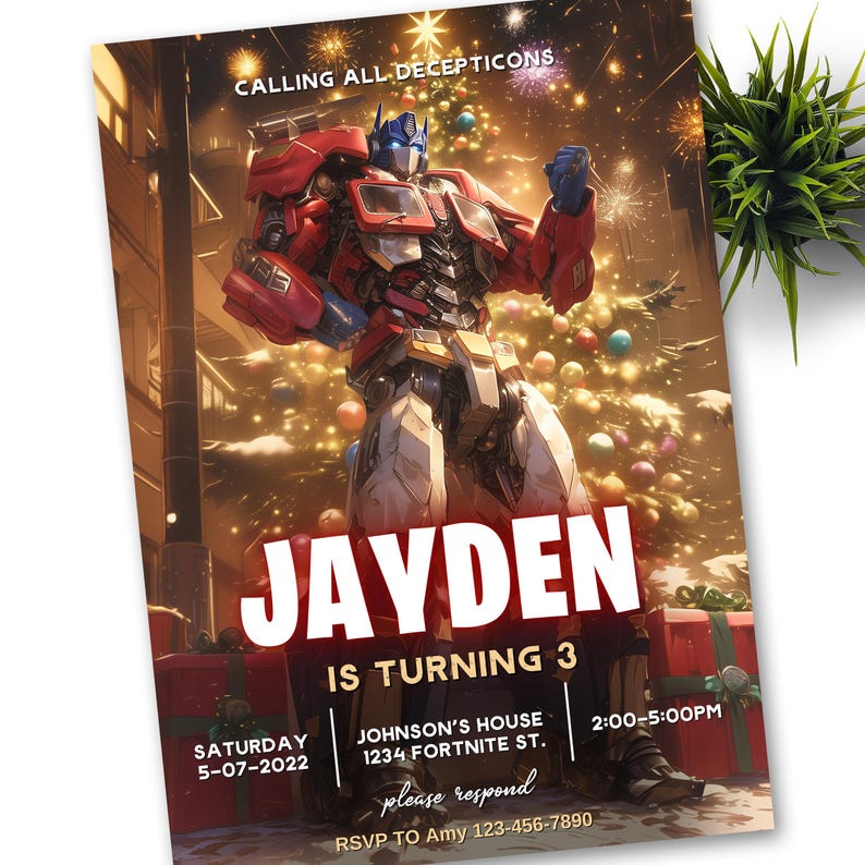 Xmas Optimus Prime Transformers Birthday Invitation Template, Rescue ...