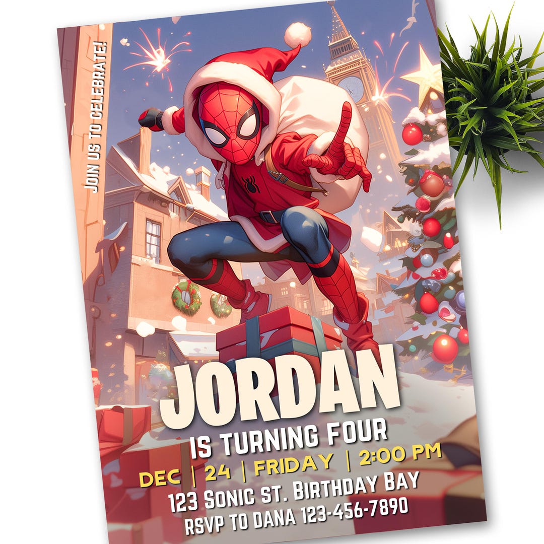 Invitación de Spidey Invitación de fiesta de cumpleaños de Navidad ...