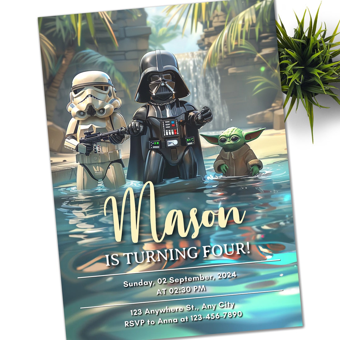 Editable Darth Vader Yoda Pool Party Birthday Invitation Template ...