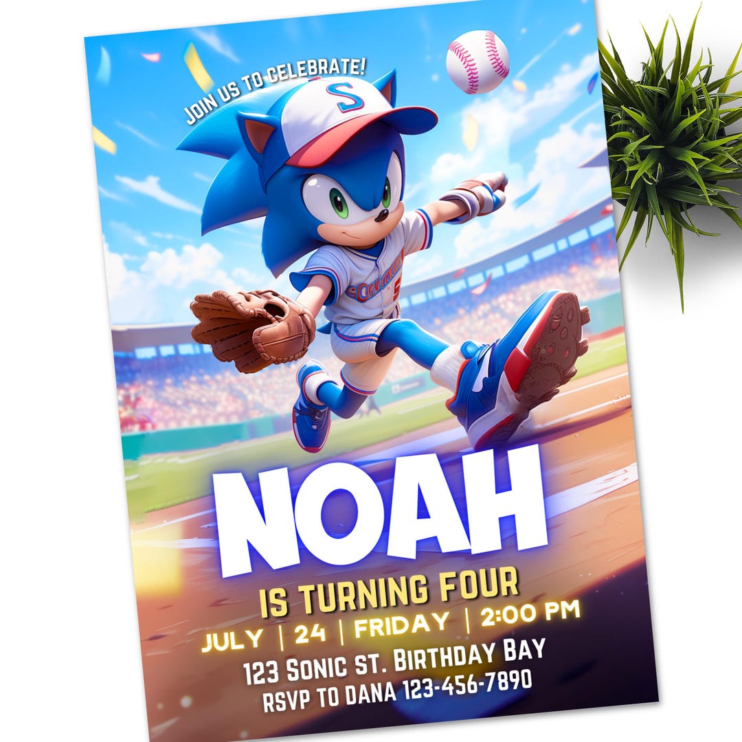 Sonic Baseball Invitation, Super Hedgehog Kids Party E-invite, Hedgehog ...