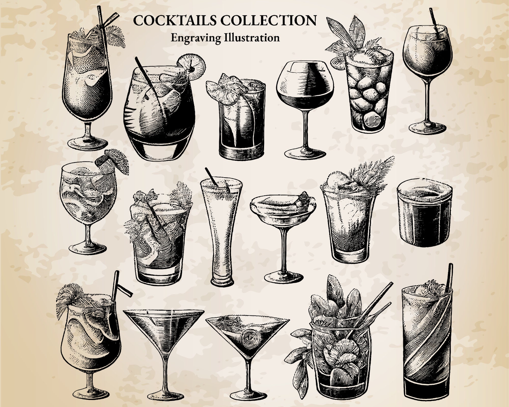 50 Cocktails Collection Vintage Illustration Vector / Cocktails Design ...