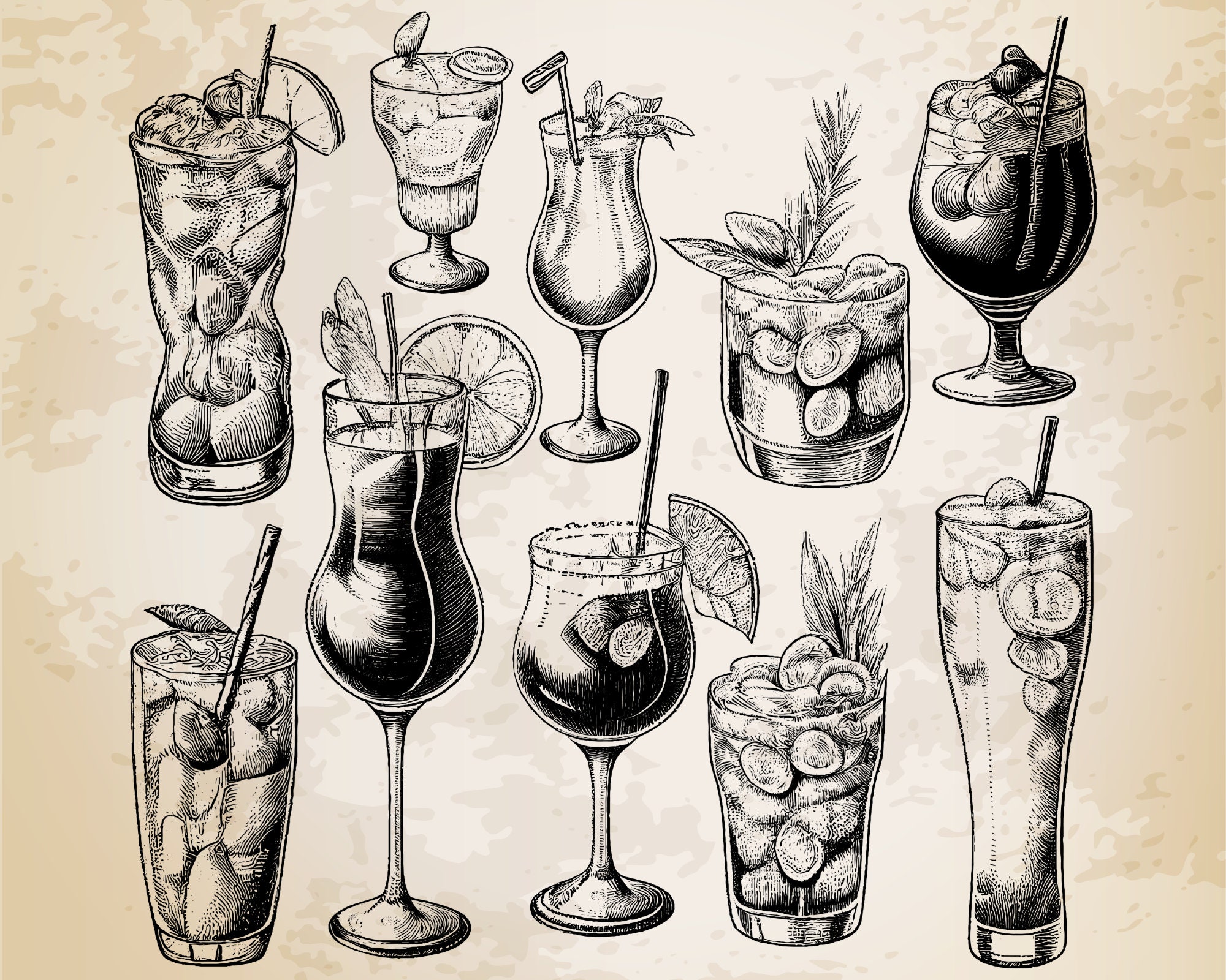 50 Cocktails Collection Vintage Illustration Vector / Cocktails Design ...