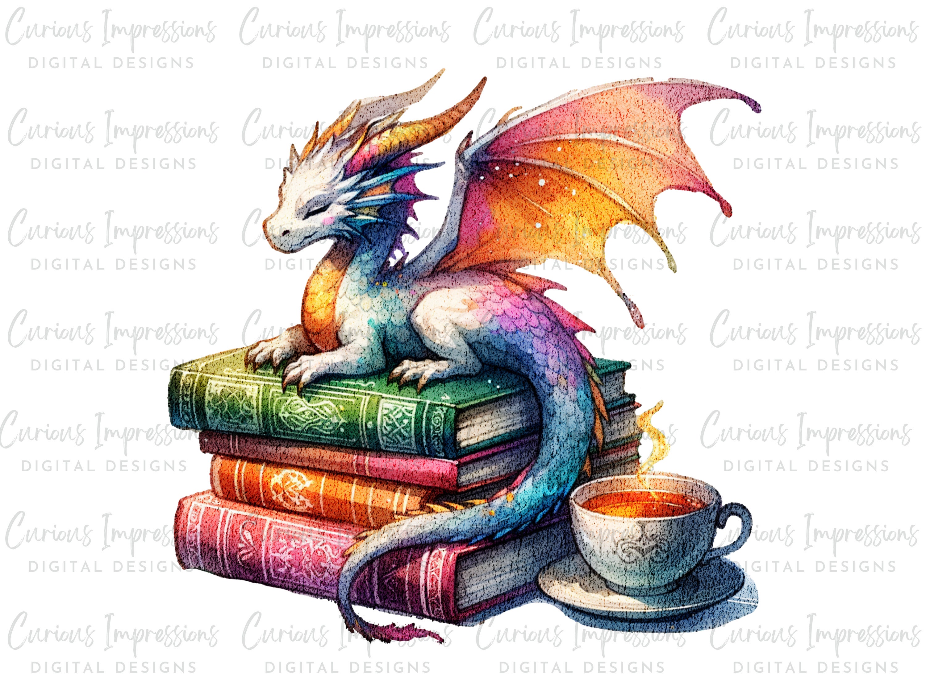 Dragon Sitting on Books With Tea Png, YA Fantasy Reader, Bookish Merch ...