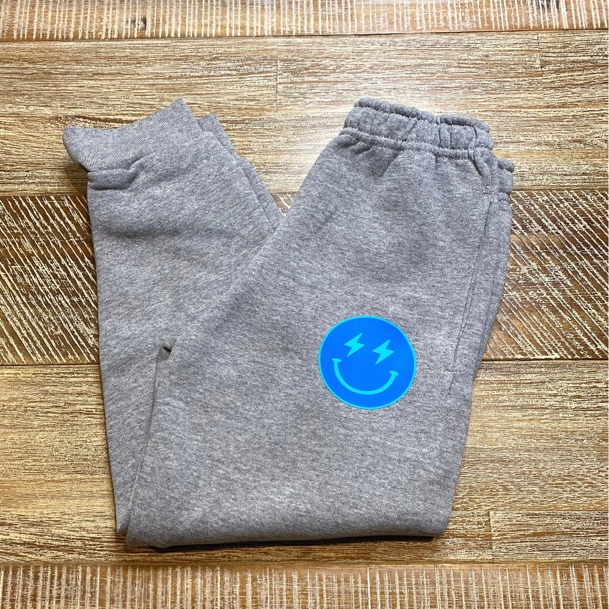 Smiley Face Lightning Bolt Sweatpants, Retro Smiley Face, Trendy Smiley ...