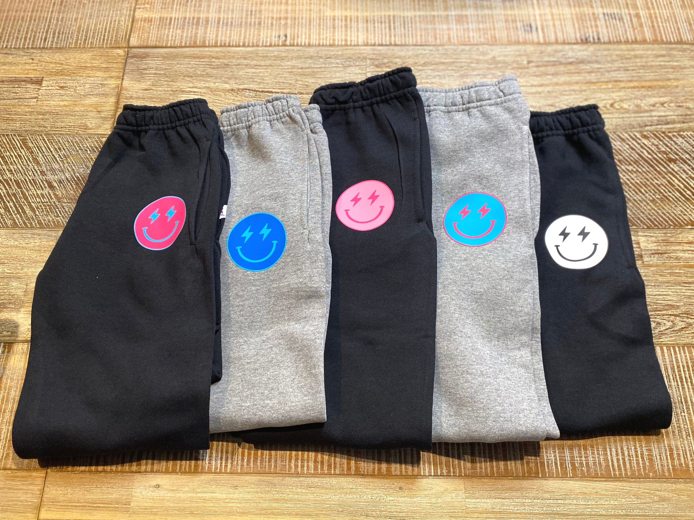 Smiley Face Lightning Bolt Sweatpants, Retro Smiley Face, Trendy Smiley ...