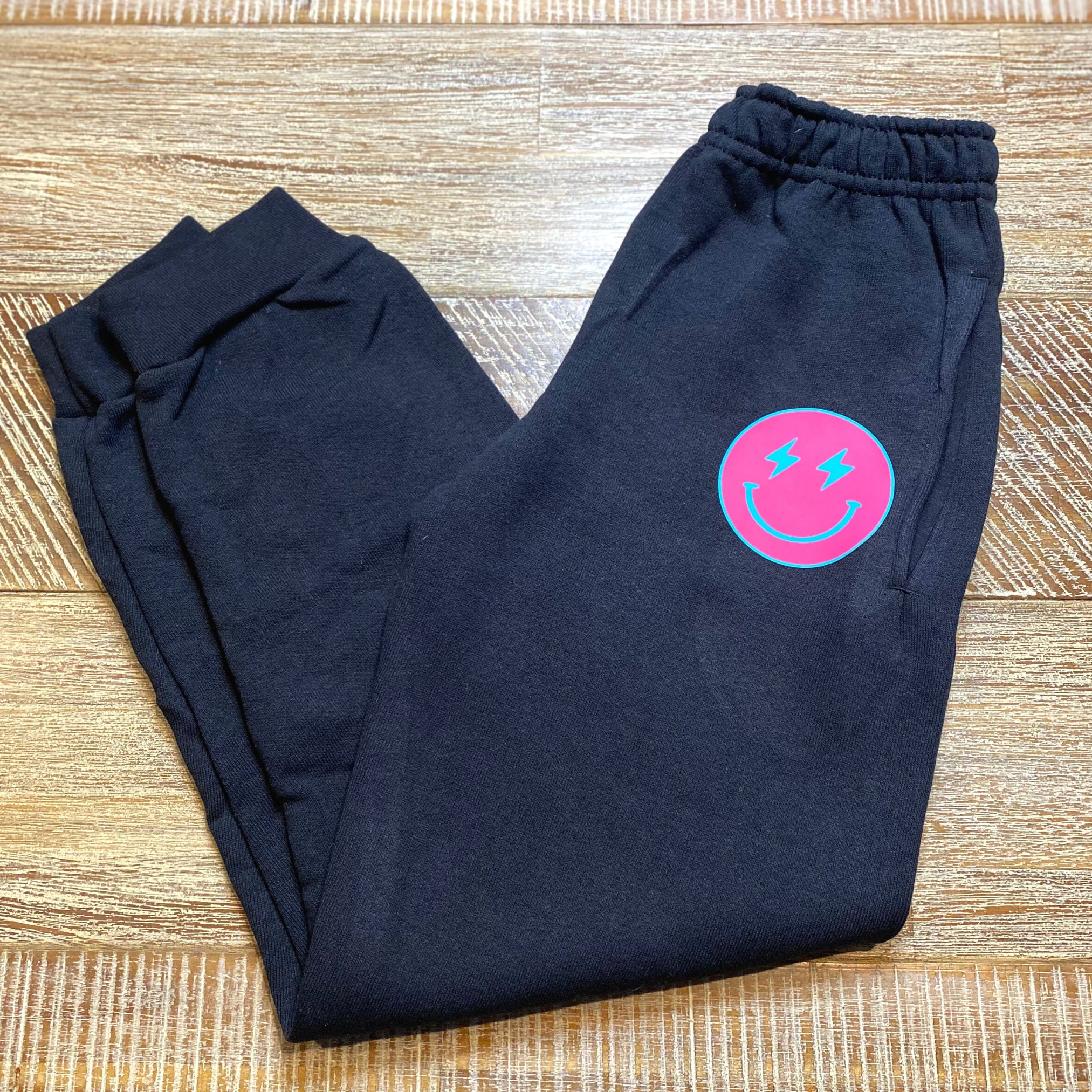 Smiley Face Lightning Bolt Sweatpants, Retro Smiley Face, Trendy Smiley ...
