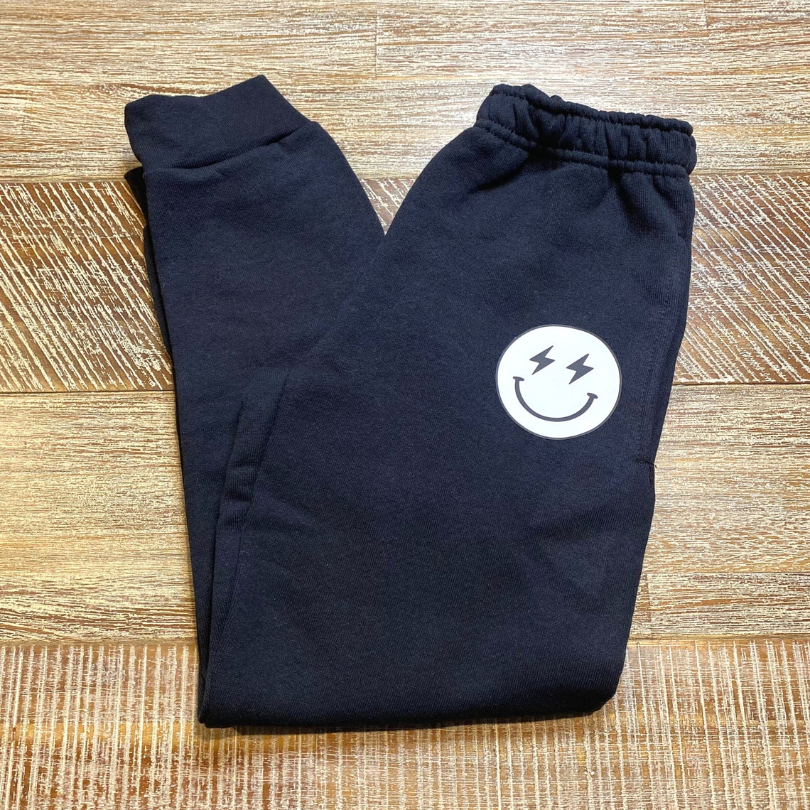 Smiley Face Lightning Bolt Sweatpants, Retro Smiley Face, Trendy Smiley ...