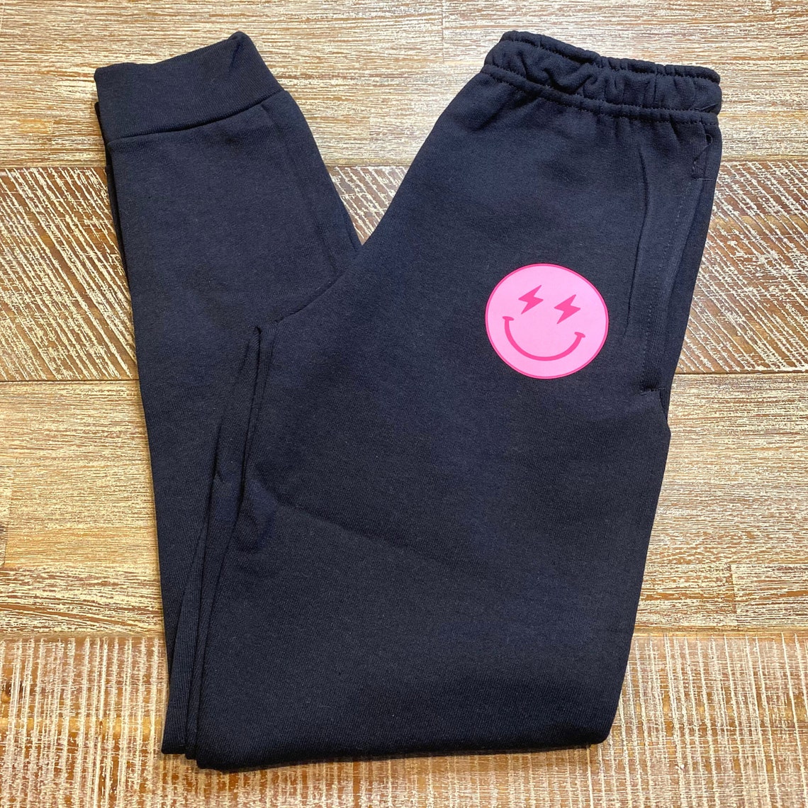 Smiley Face Lightning Bolt Sweatpants, Retro Smiley Face, Trendy Smiley ...