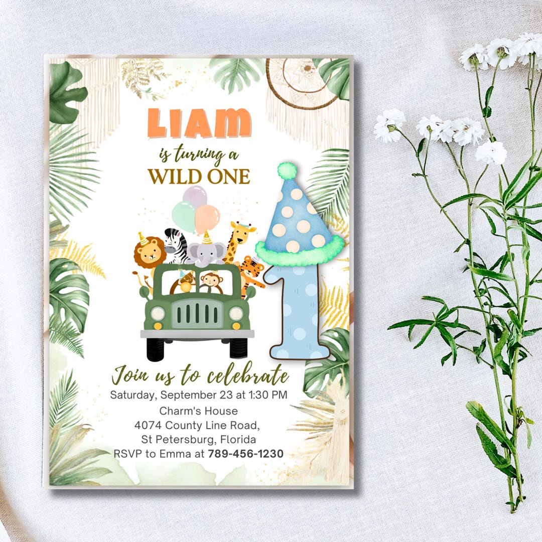 Jungle Safari 1st Birthday Invitation – Editable Wild One Party Card ...