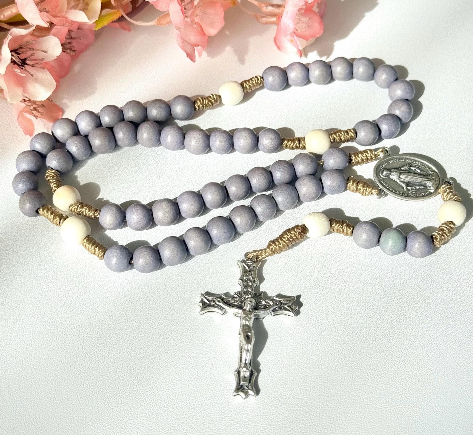 Catholic Wood Rosary Prayer Beads in Grey White Micro Cord Rosary With ...