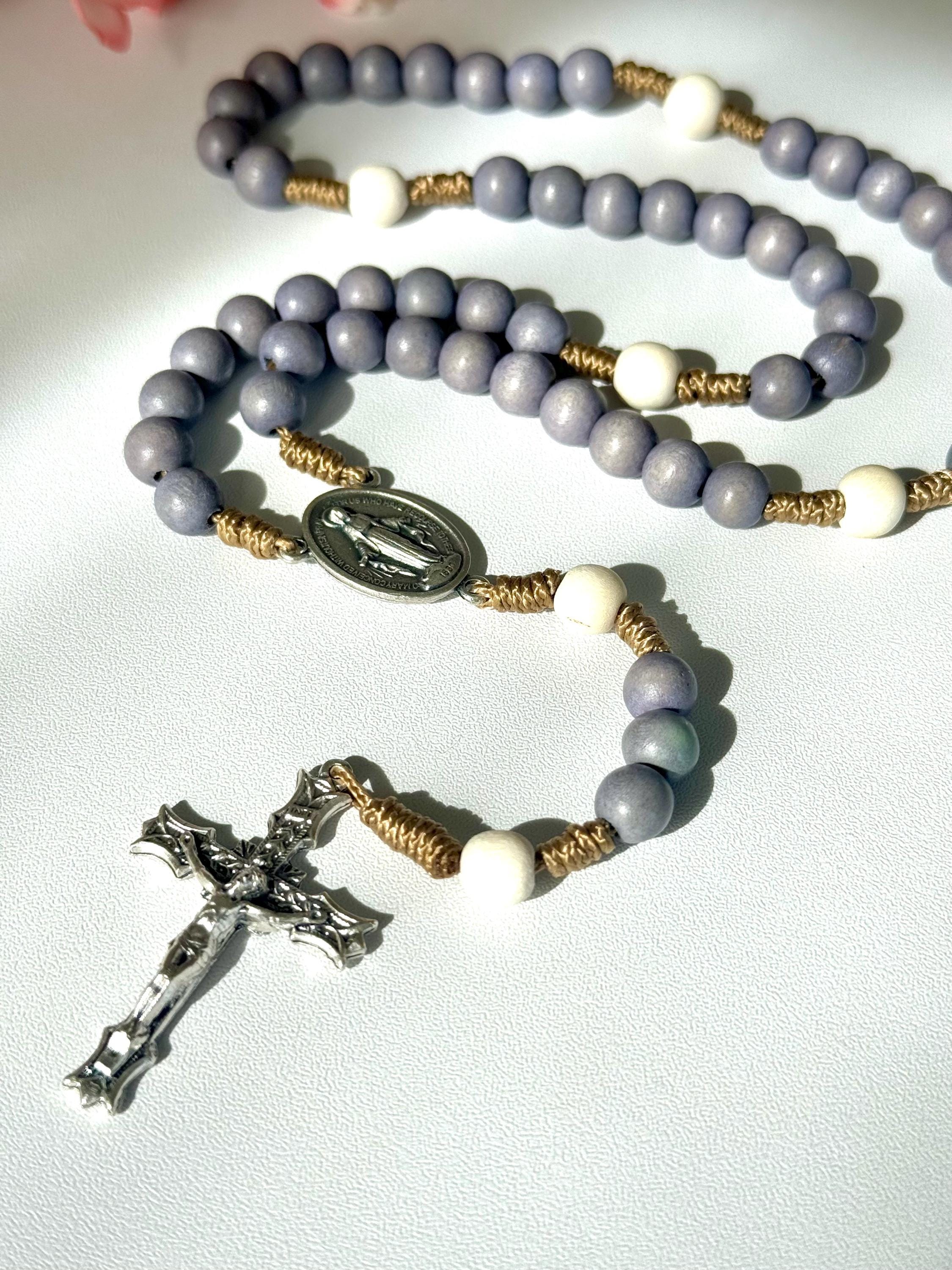 Catholic Wood Rosary Prayer Beads in Grey White Micro Cord Rosary With ...