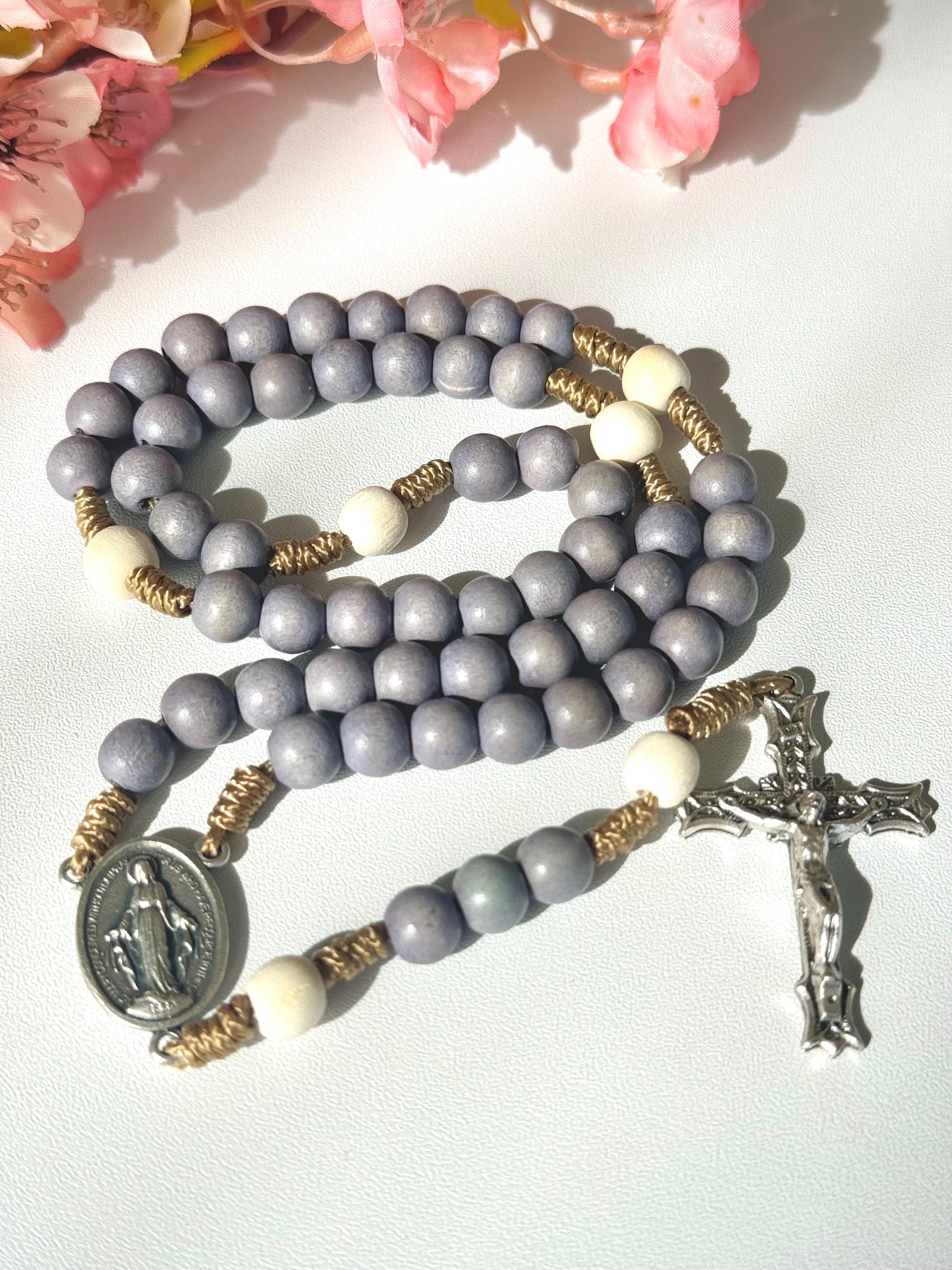 Catholic Wood Rosary Prayer Beads in Grey White Micro Cord Rosary With ...