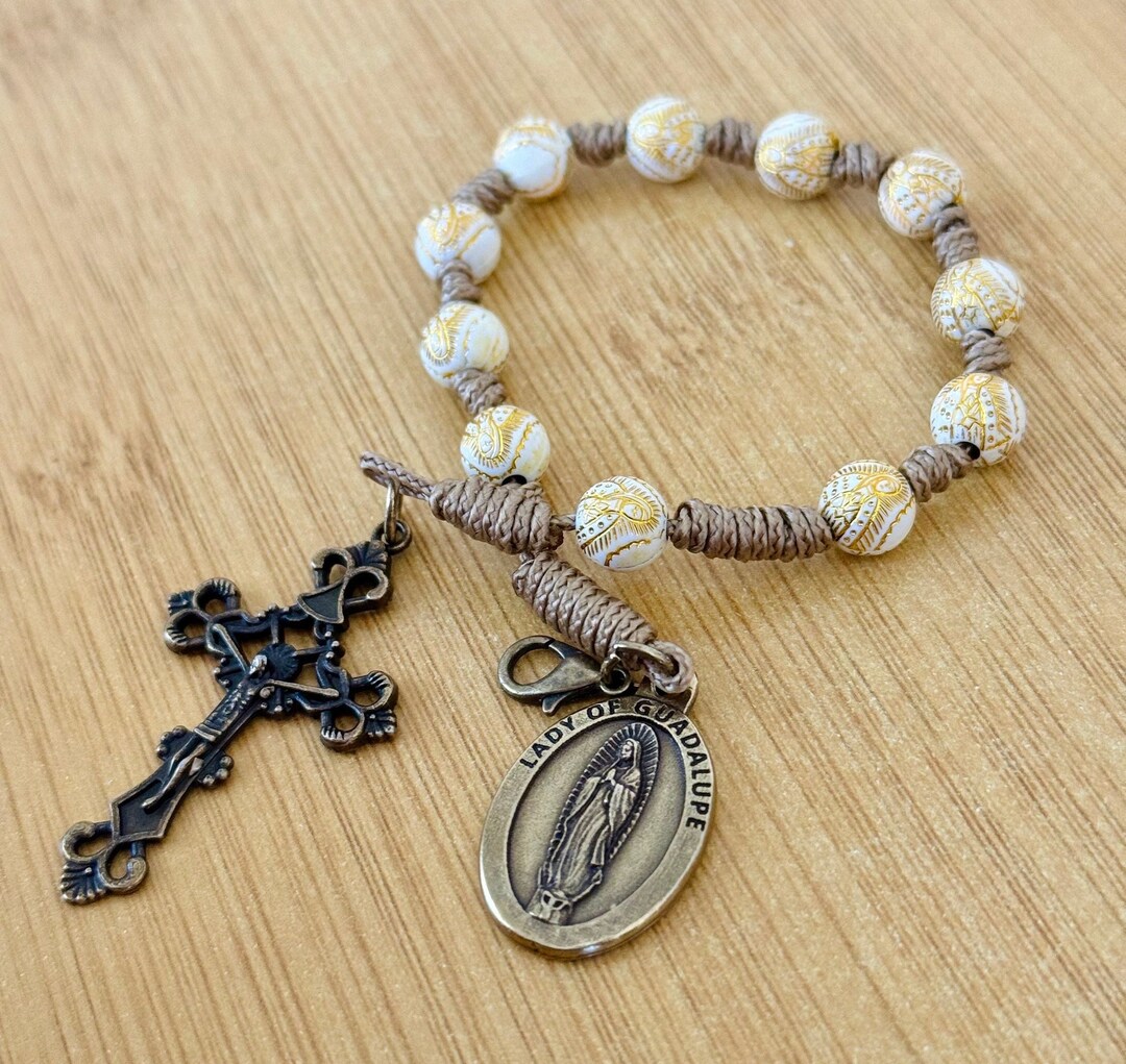 White and Gold Our Lady of Guadalupe Knotted Micro Cord Acrylic Beads ...