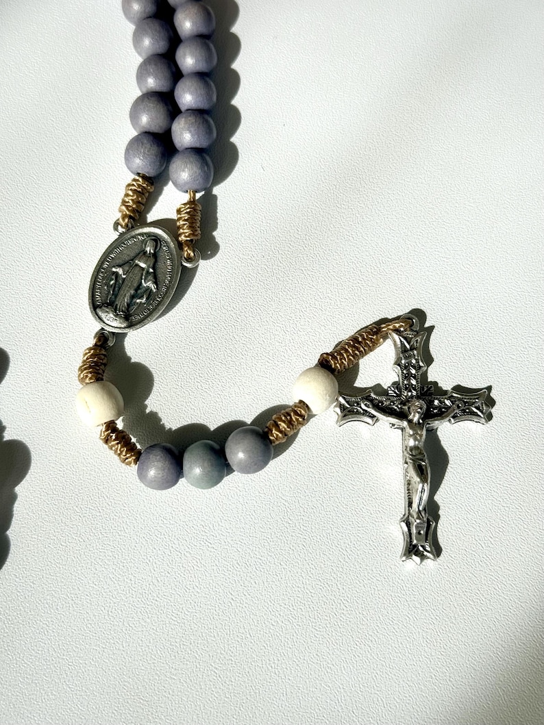 Catholic Wood Rosary Prayer Beads in Grey White Micro Cord Rosary With ...