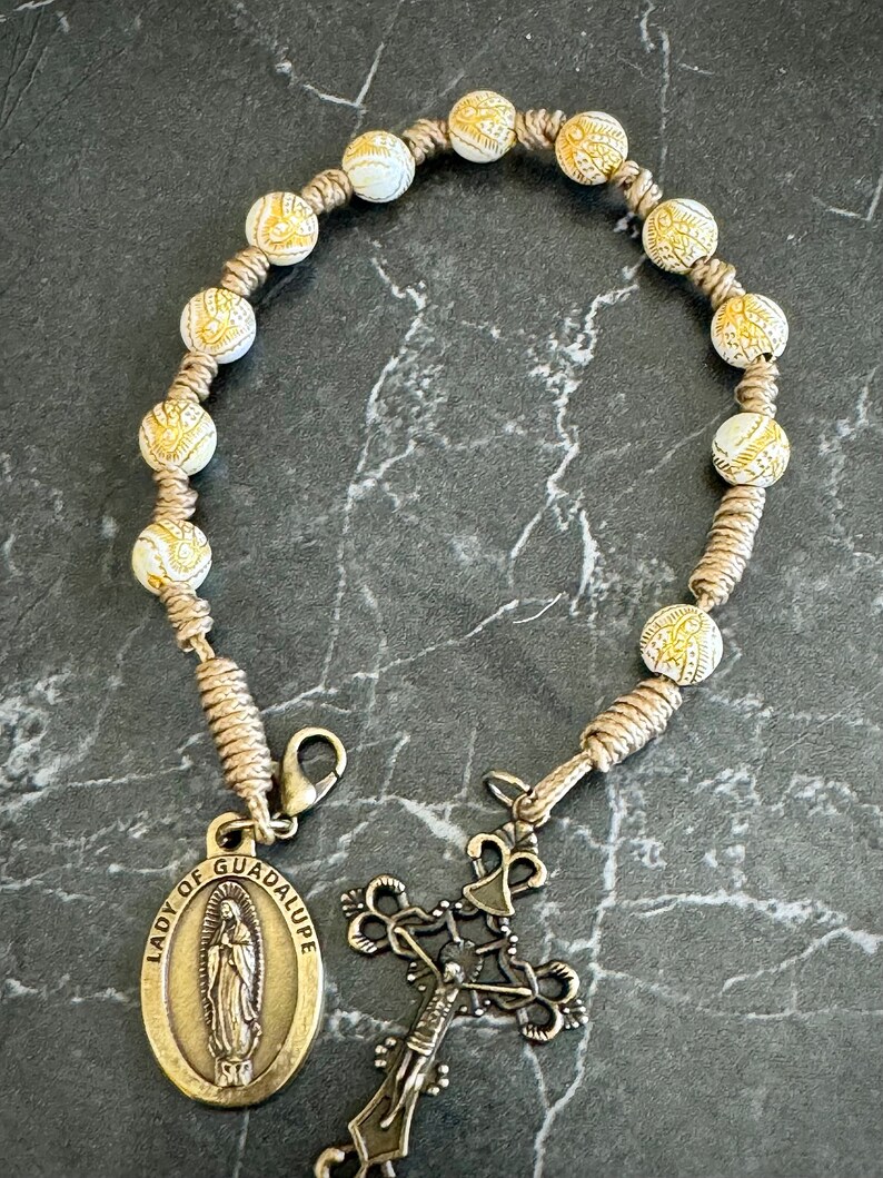 White and Gold Our Lady of Guadalupe Knotted Micro Cord Acrylic Beads ...