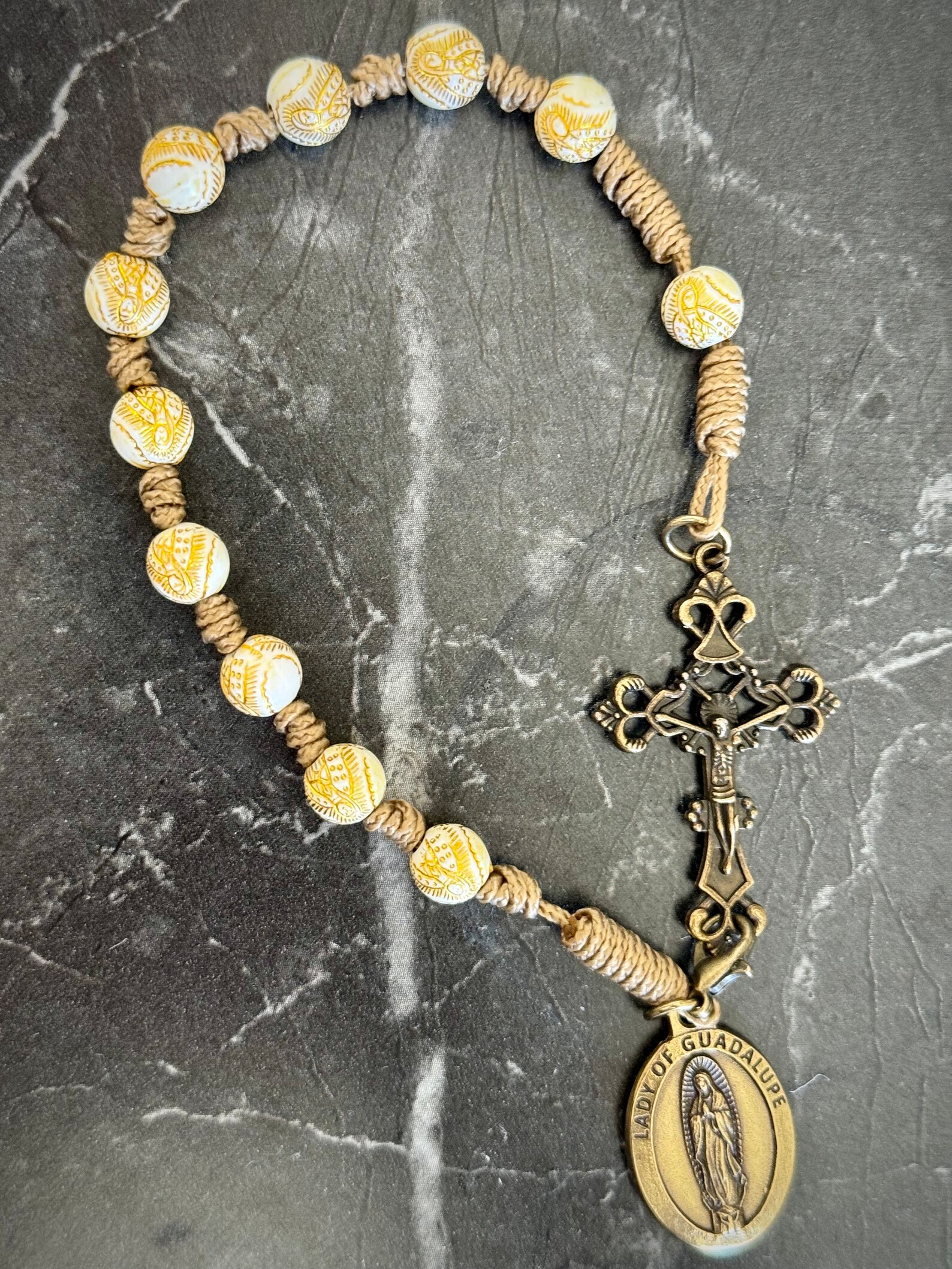 White and Gold Our Lady of Guadalupe Knotted Micro Cord Acrylic Beads ...