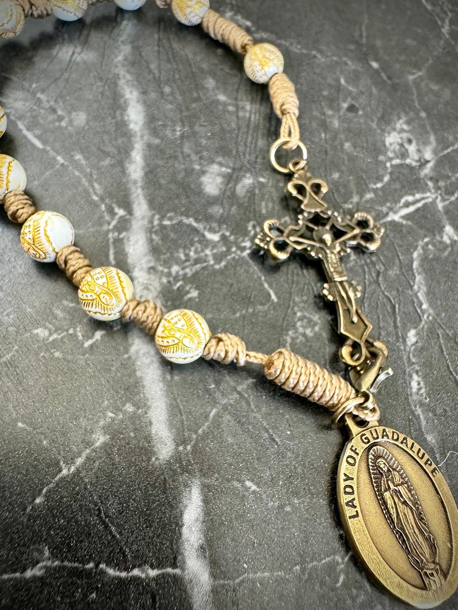 White and Gold Our Lady of Guadalupe Knotted Micro Cord Acrylic Beads ...