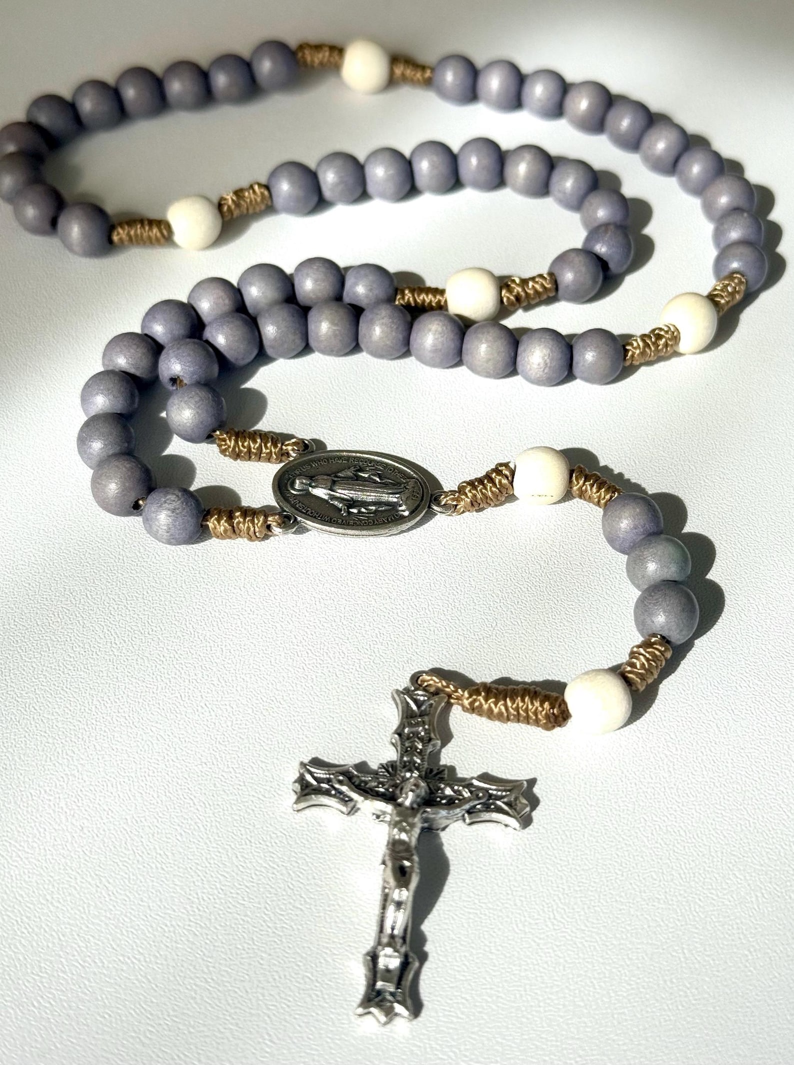 Catholic Wood Rosary Prayer Beads in Grey White Micro Cord Rosary With ...