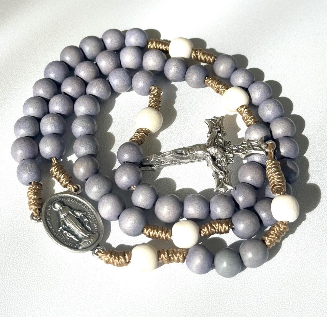 Catholic Wood Rosary Prayer Beads in Grey White Micro Cord Rosary With ...