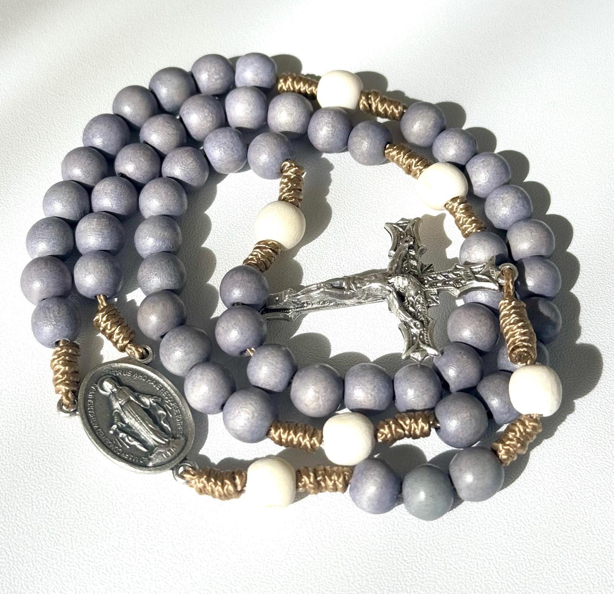 Catholic Wood Rosary Prayer Beads in Grey White Micro Cord Rosary With ...