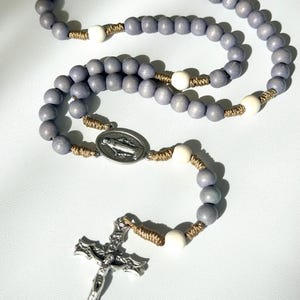 Catholic Wood Rosary Prayer Beads in Grey White Micro Cord Rosary With ...