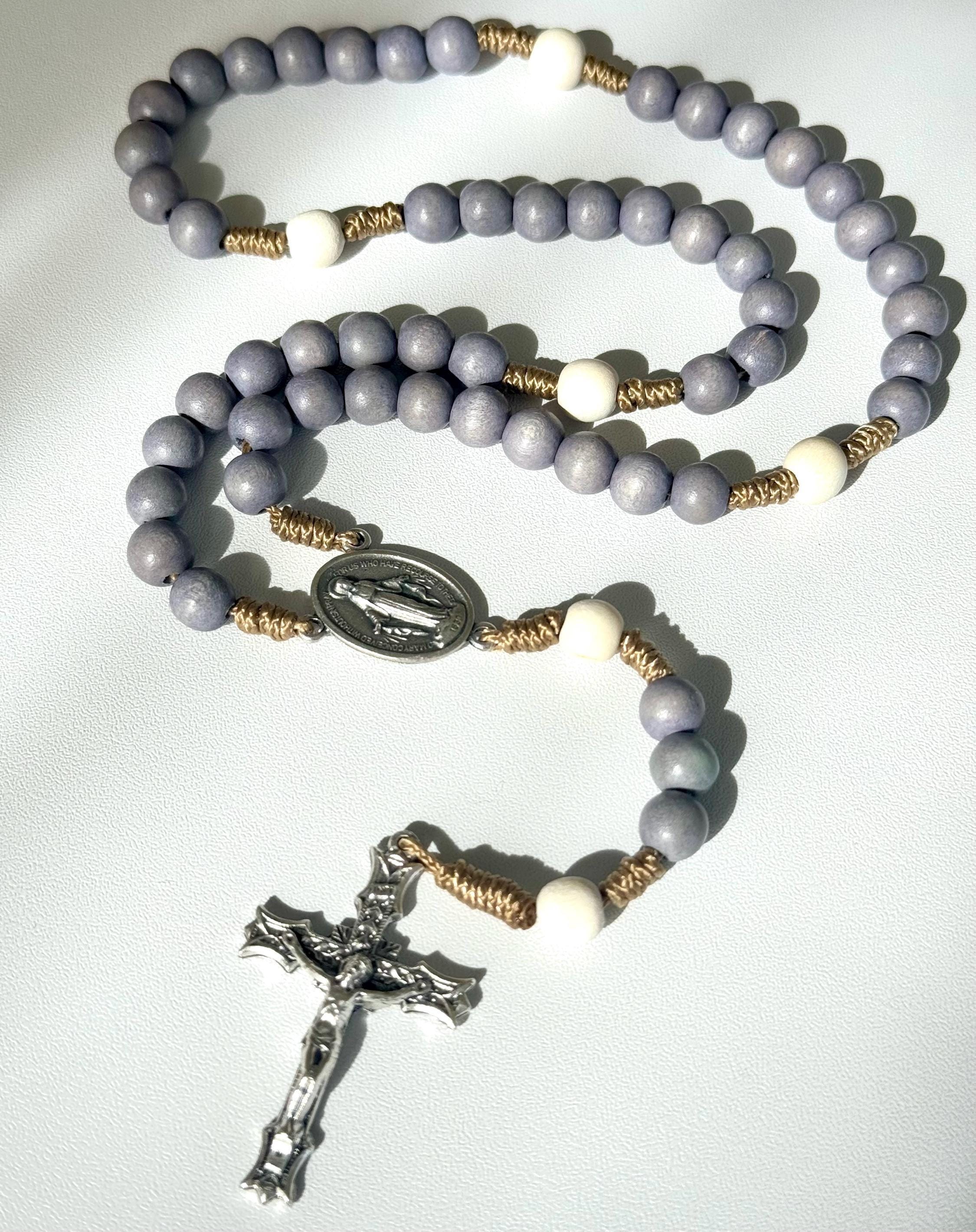 Catholic Wood Rosary Prayer Beads in Grey White Micro Cord Rosary With ...