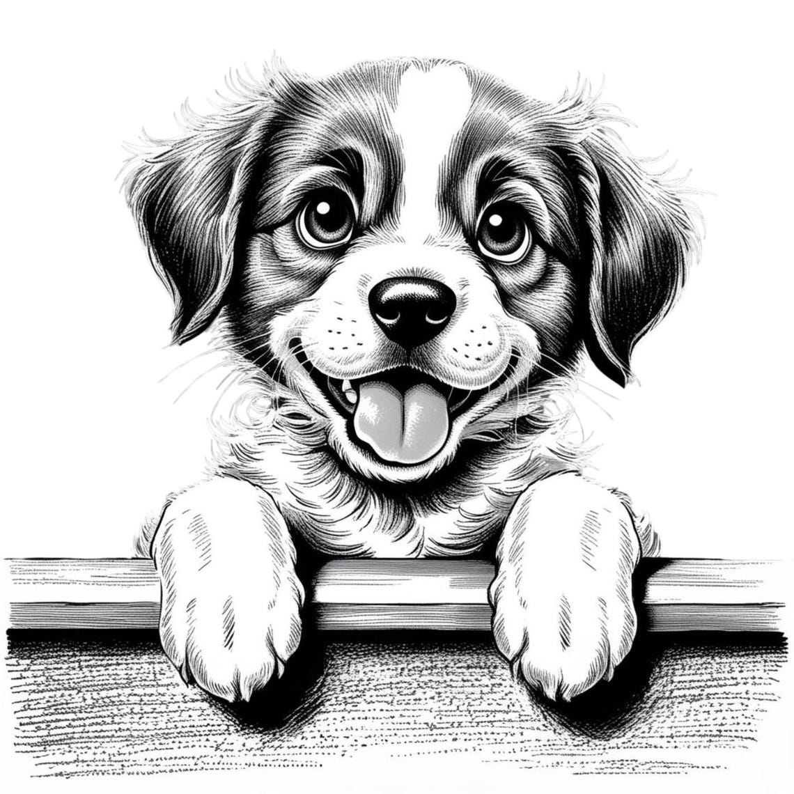 Curious Puppy Peeking Over a Ledge - Black and White Illustration-dog ...