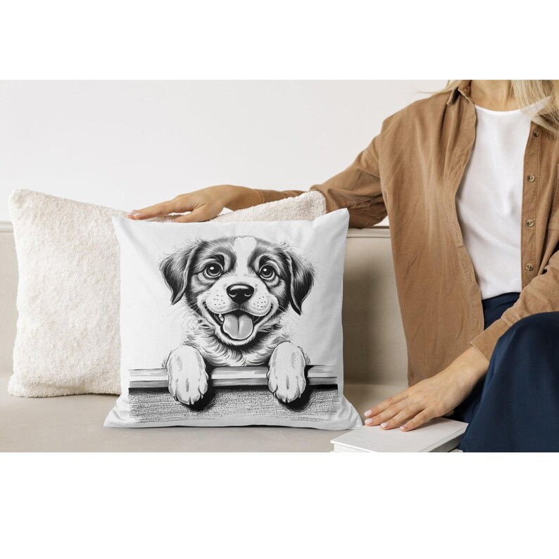 Curious Puppy Peeking Over a Ledge - Black and White Illustration-dog ...
