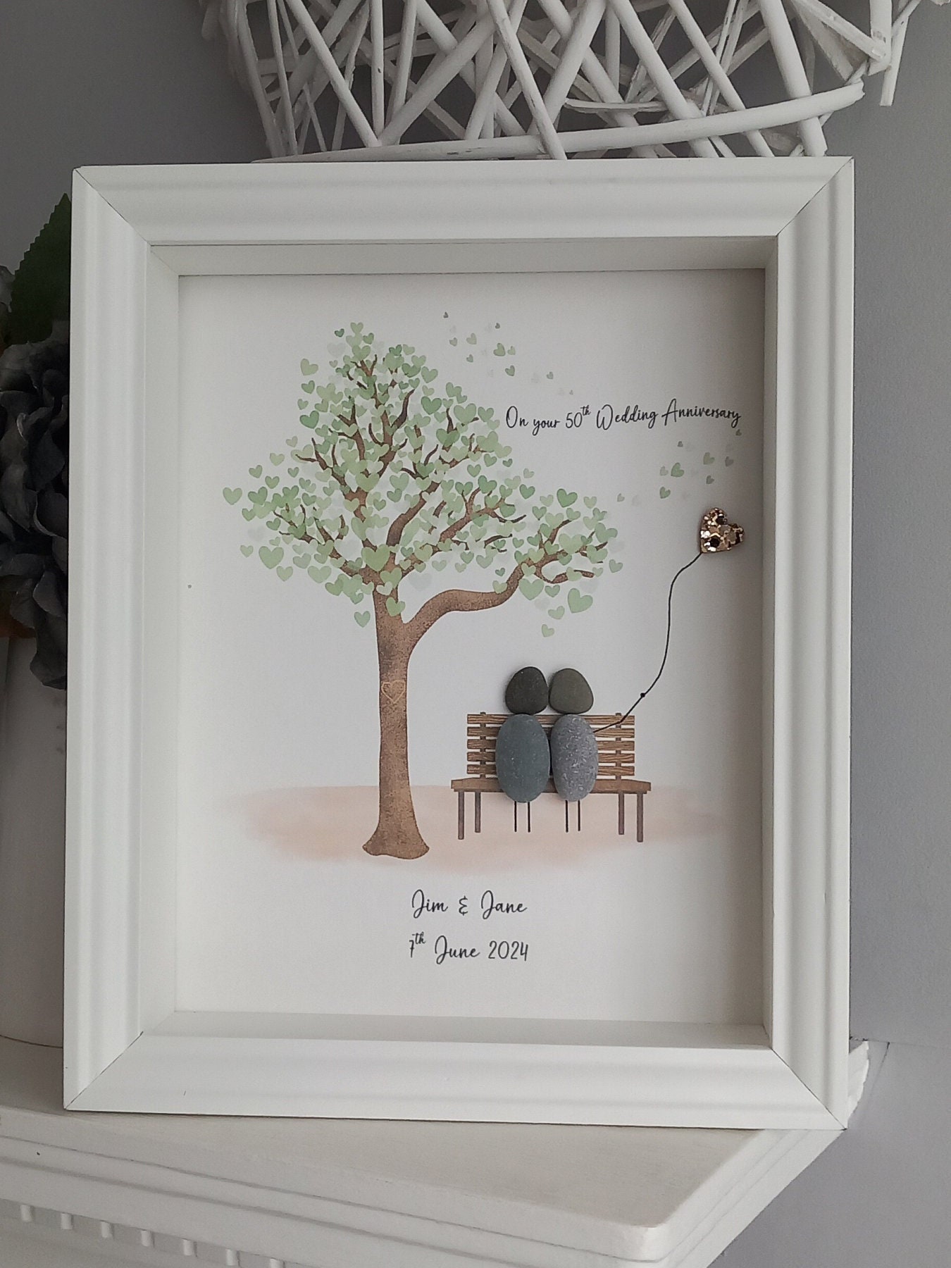 Personalised 50th Golden Anniversary Pebble Picture - Couple on Bench ...