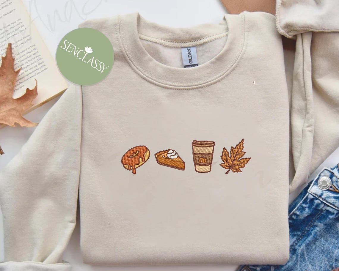 Embroidered Autumn Leaves Sweatshirt, Embroidered Ghost Reading Fall ...