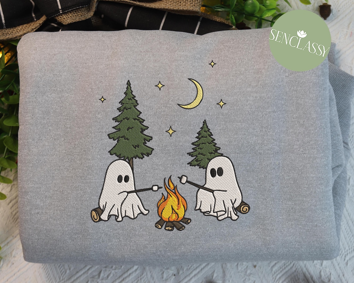 Ghost Camping Halloween Embroidered Sweatshirt, Camper Ghost Reading ...