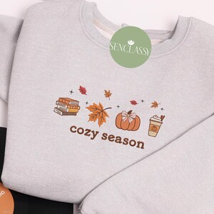 Cozy Season Fall Leaves Embroidered Sweatshirt, Spooky Fall Hoodie ...