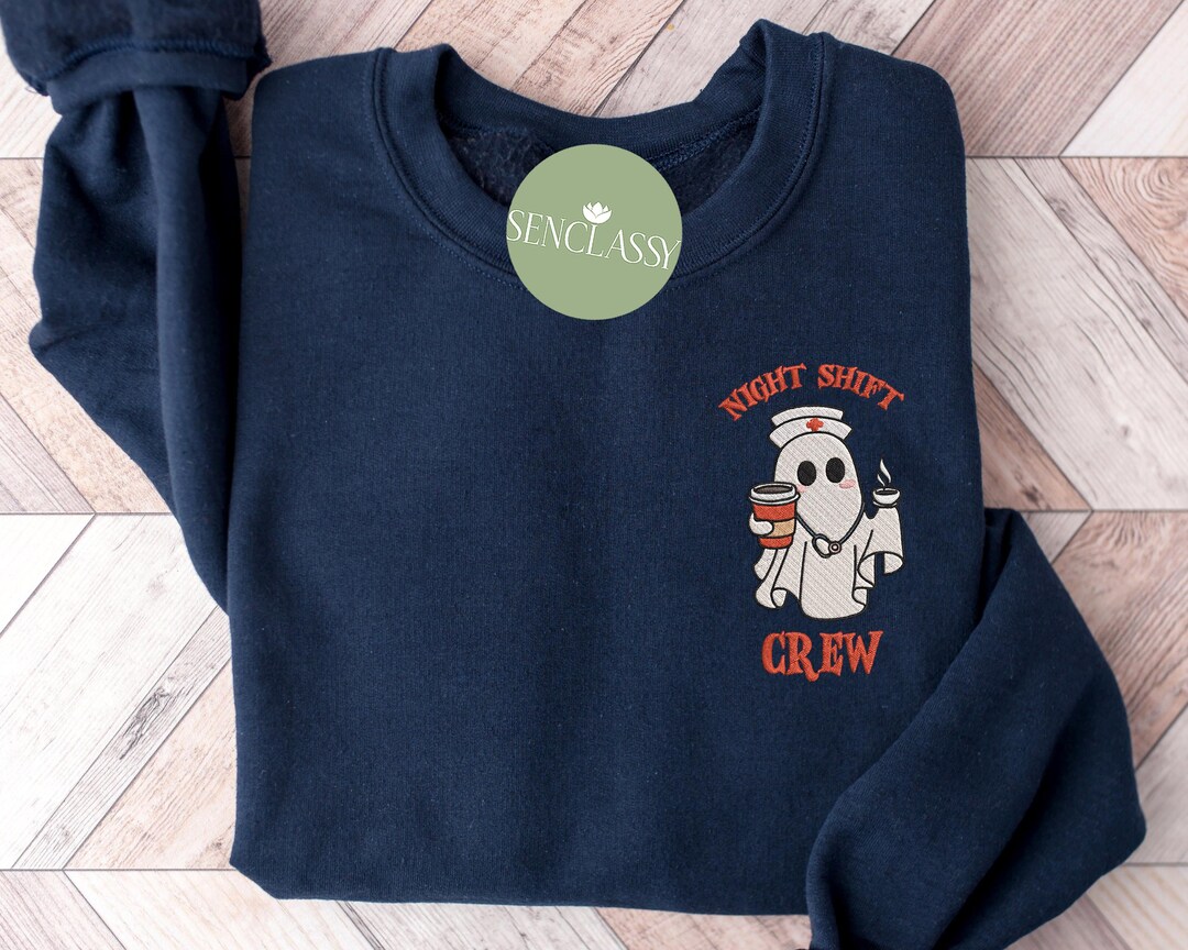 Embroidered Night Shift Boo Crew Sweatshirt, Nursing Ghost Halloween ...