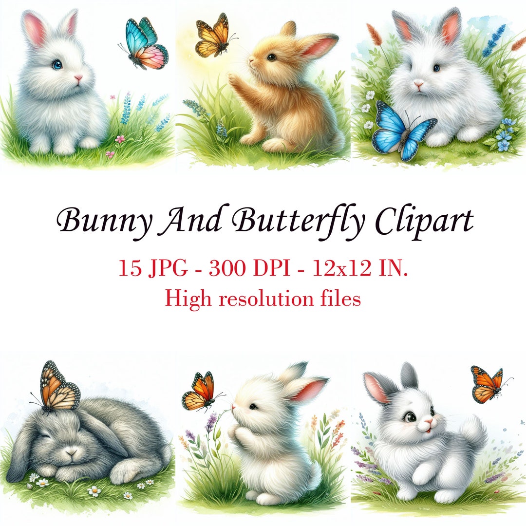 Bunny and Butterfly Clipart Bundle, Spring Designs, Watercolor Bunny ...