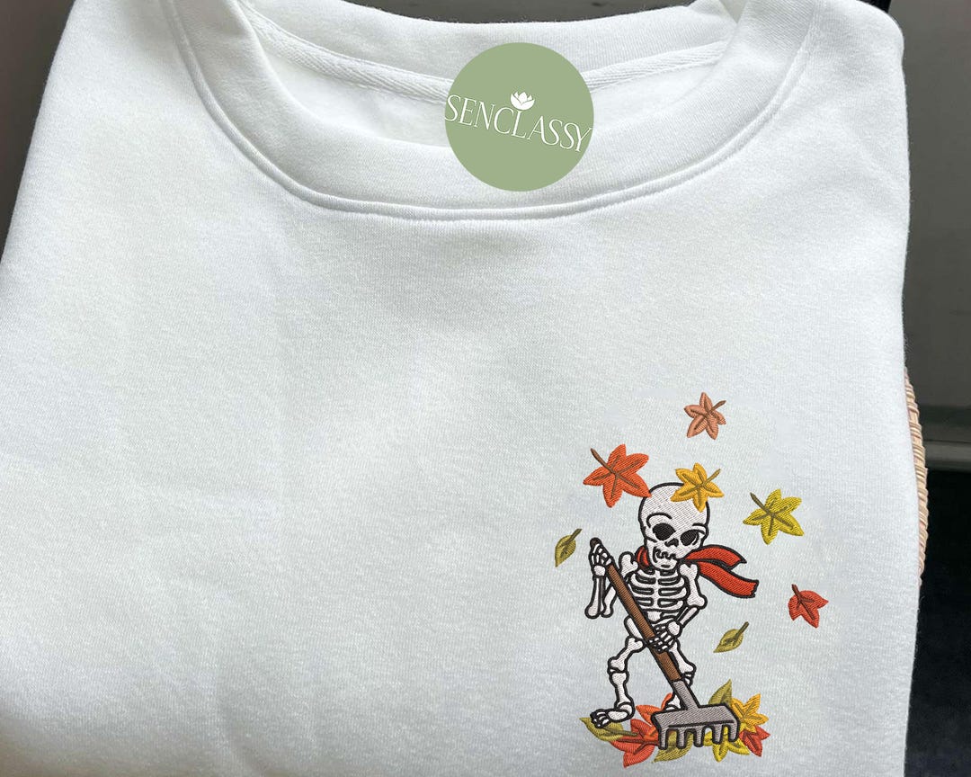 Embroidered Skeleton and Autumn Leaves Sweatshirt, Halloween Skeleton ...