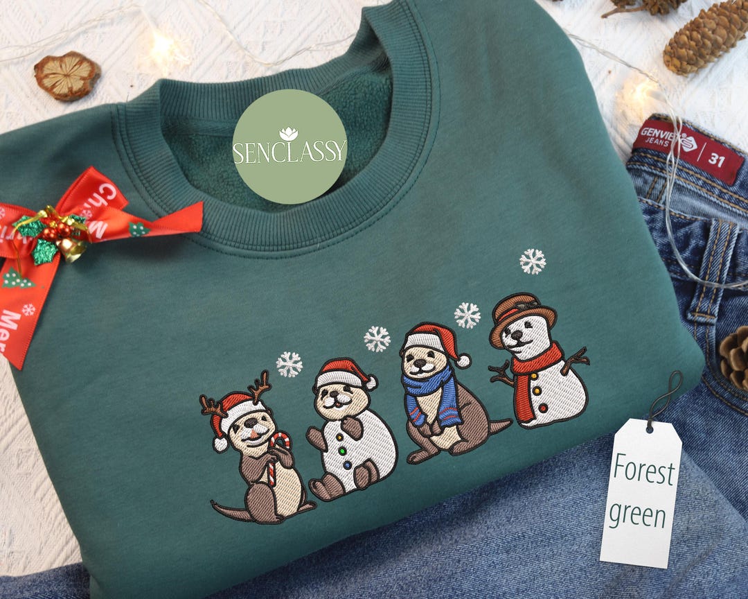 Otter Christmas Lights Embroidered Sweater, Xmas Sea Animal Sweatshirt ...