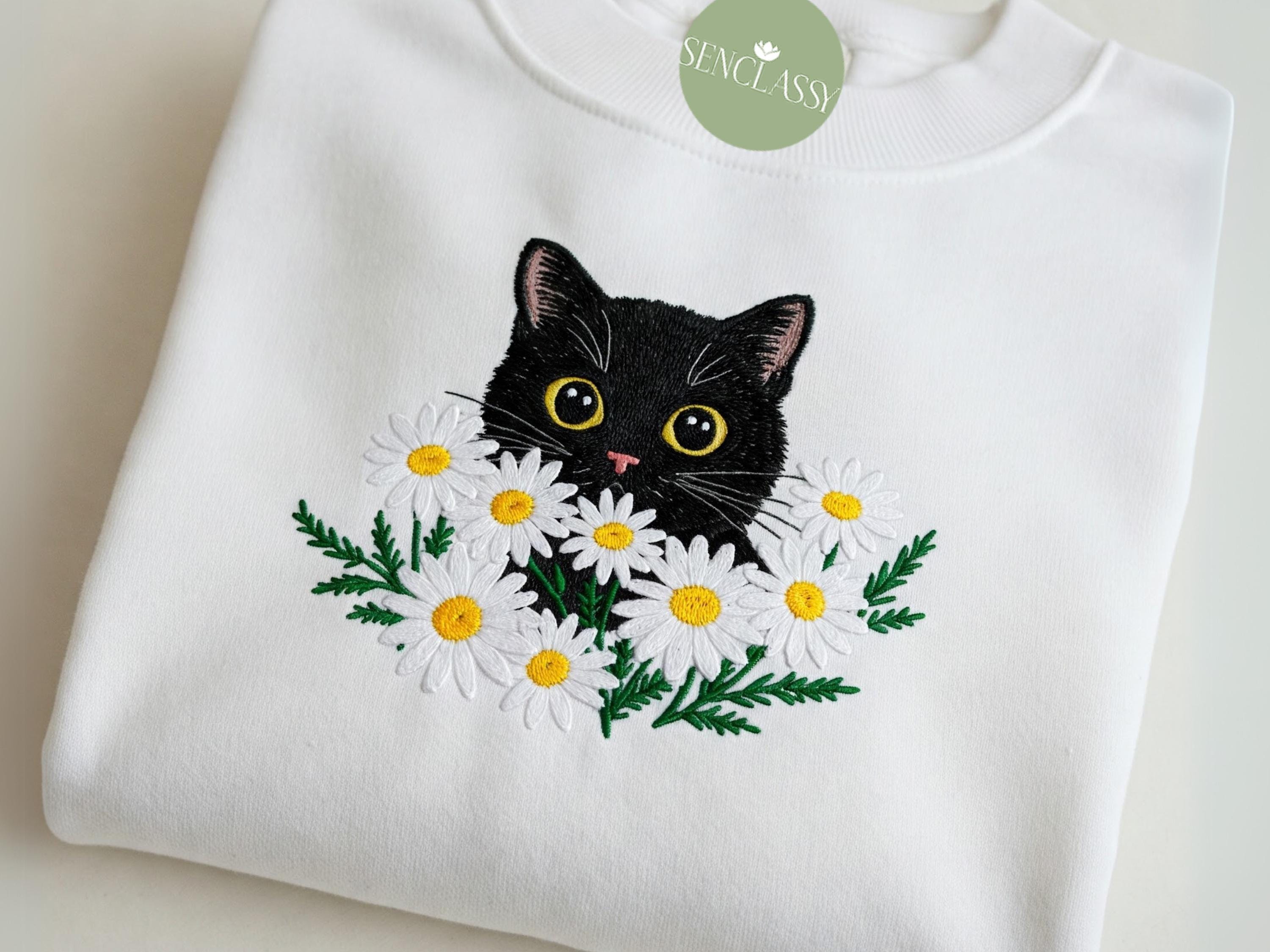 Embroidered Black Cat and Daisy Sweatshirt, Cute Black Cat Sweater ...