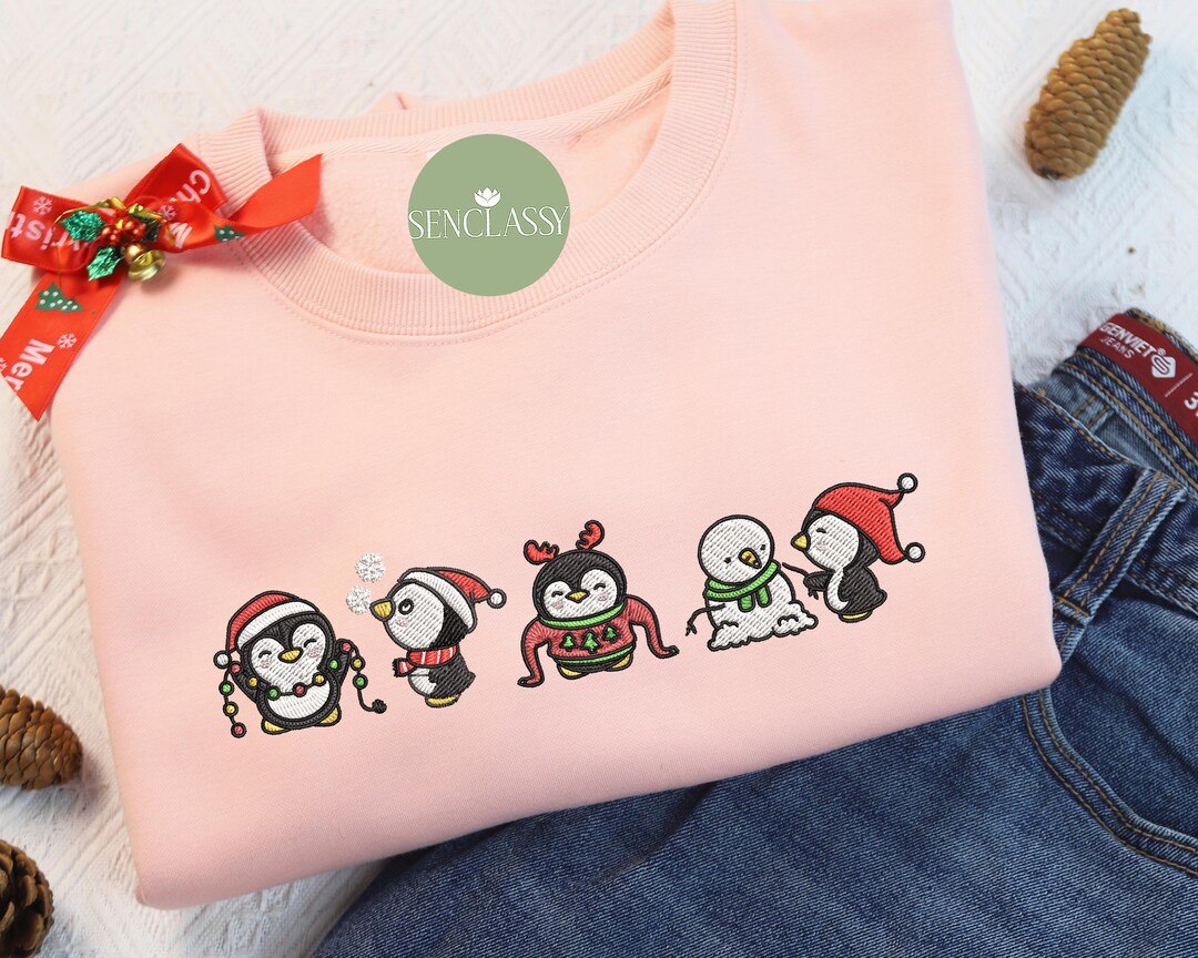 Embroidered Four Cute Penguins Christmas Sweatshirt, Penguin Snowman ...