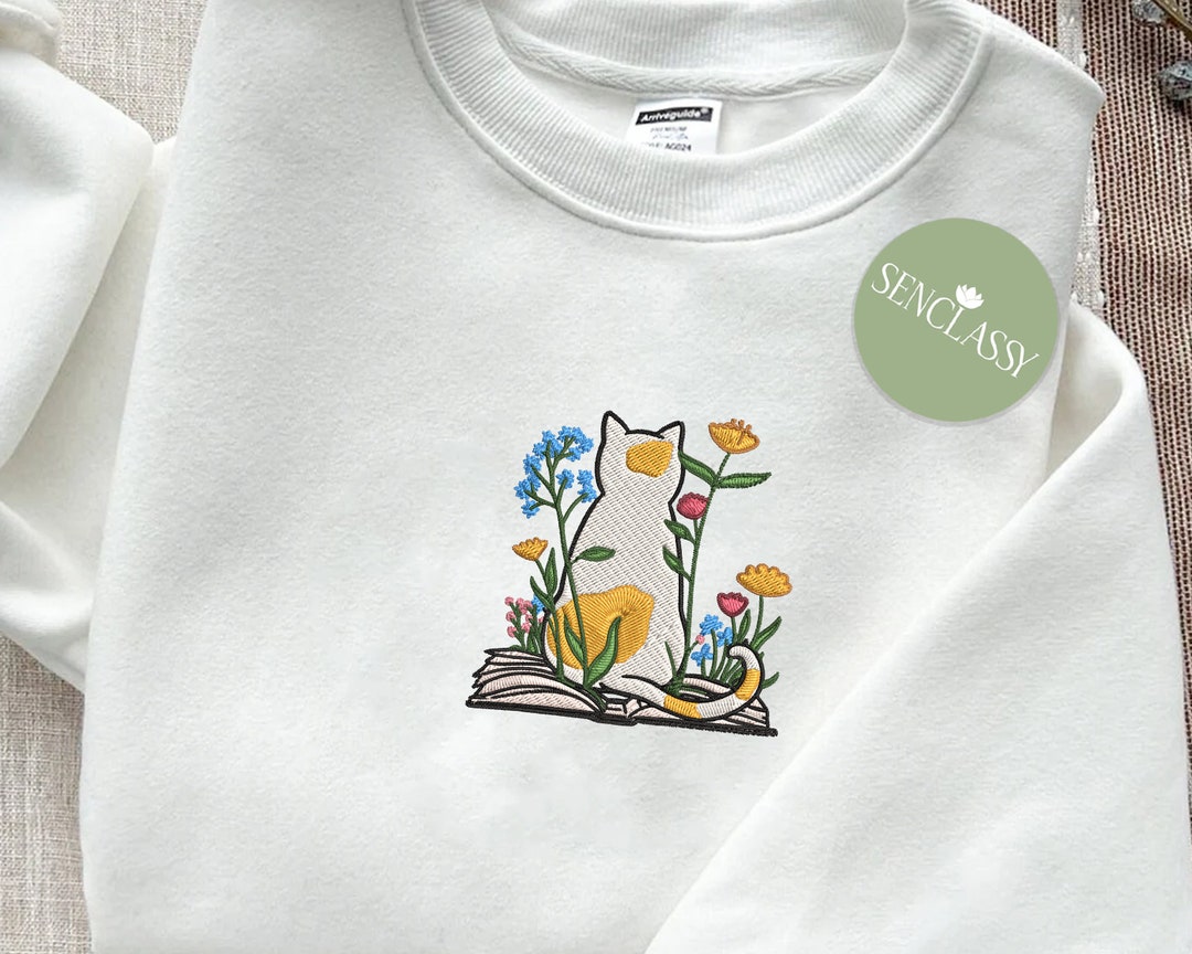 Personalized Cat Embroidery, Cute Cat on the Book Embroidered Shirt ...