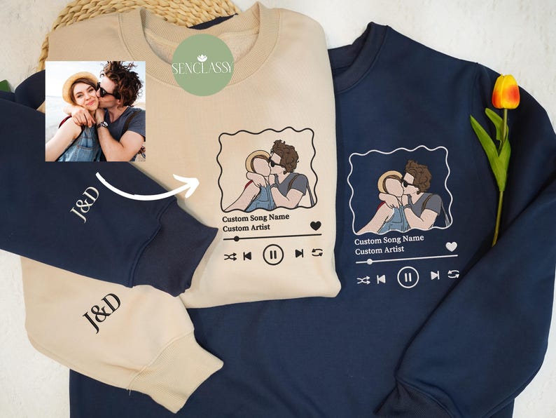 Custom Music Song From Photo Embroidered Sweatshirt, Valentine Matching ...