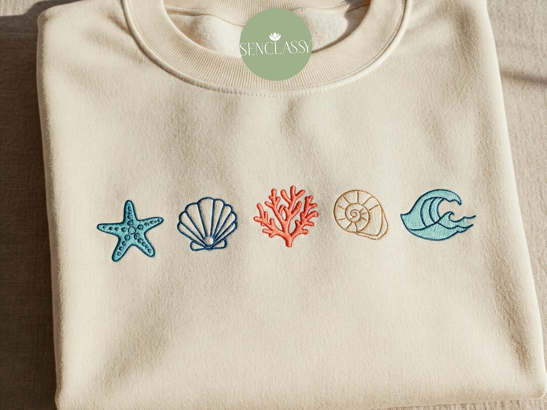 Sea Shells Embroidered Crewneck, Minimalist Beach Sweatshirt, Nautical ...