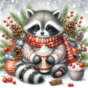 Winter Raccoon Watercolor Clipart, 15 PNG Raccoon Clipart, Cute Raccoon ...