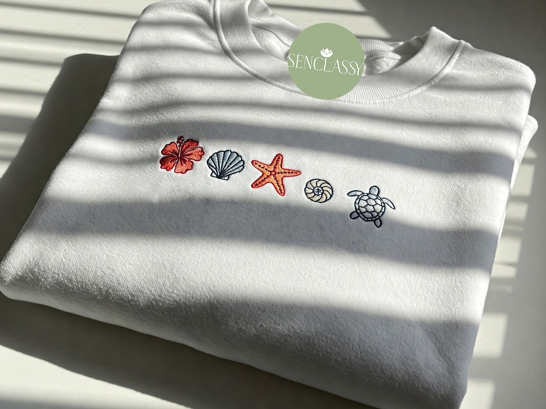 Sea Shells Embroidered Crewneck, Minimalist Beach Sweatshirt, Nautical ...