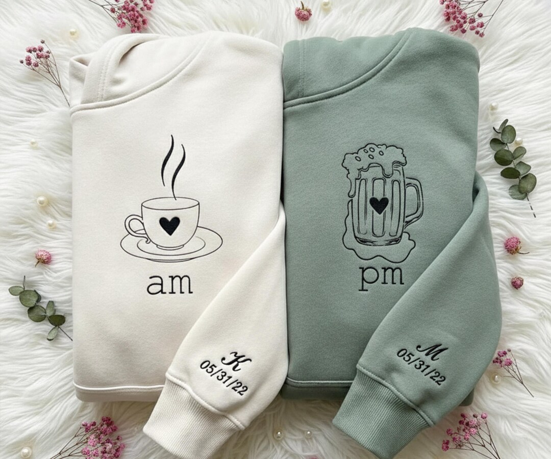 Matching Couple Sweatshirts AM PM Embroidered Hoodies With Custom Date ...