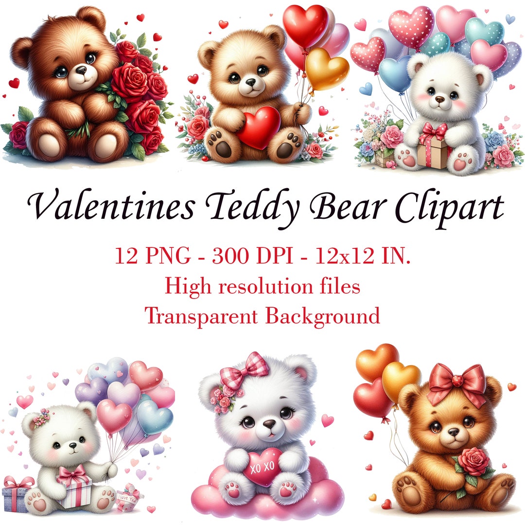 Watercolor Valentines Teddy Bear Clipart, 12 PNG Teddy Bear Clipart ...