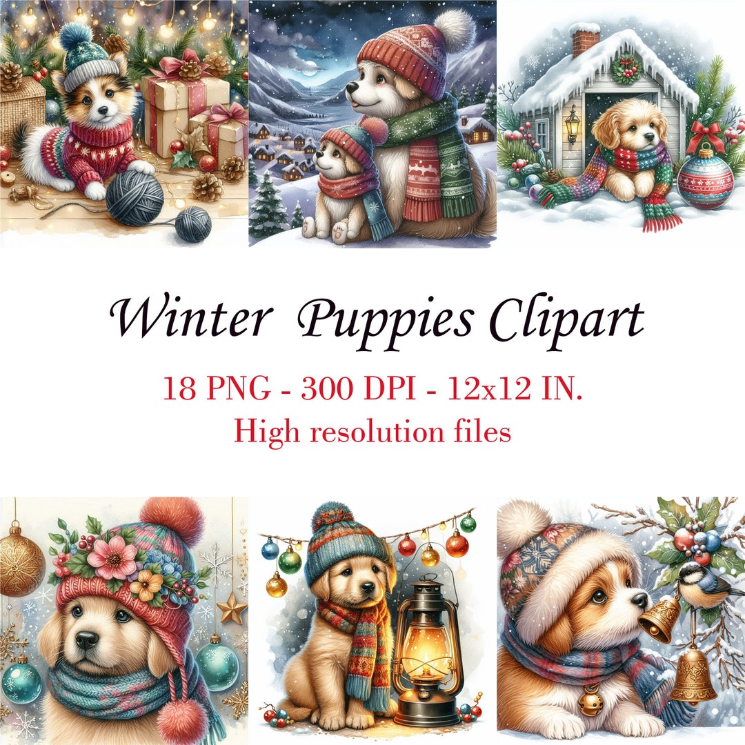 Winter Puppies Watercolor Clipart, 18 PNG Puppies Clipart, Cute Puppies ...