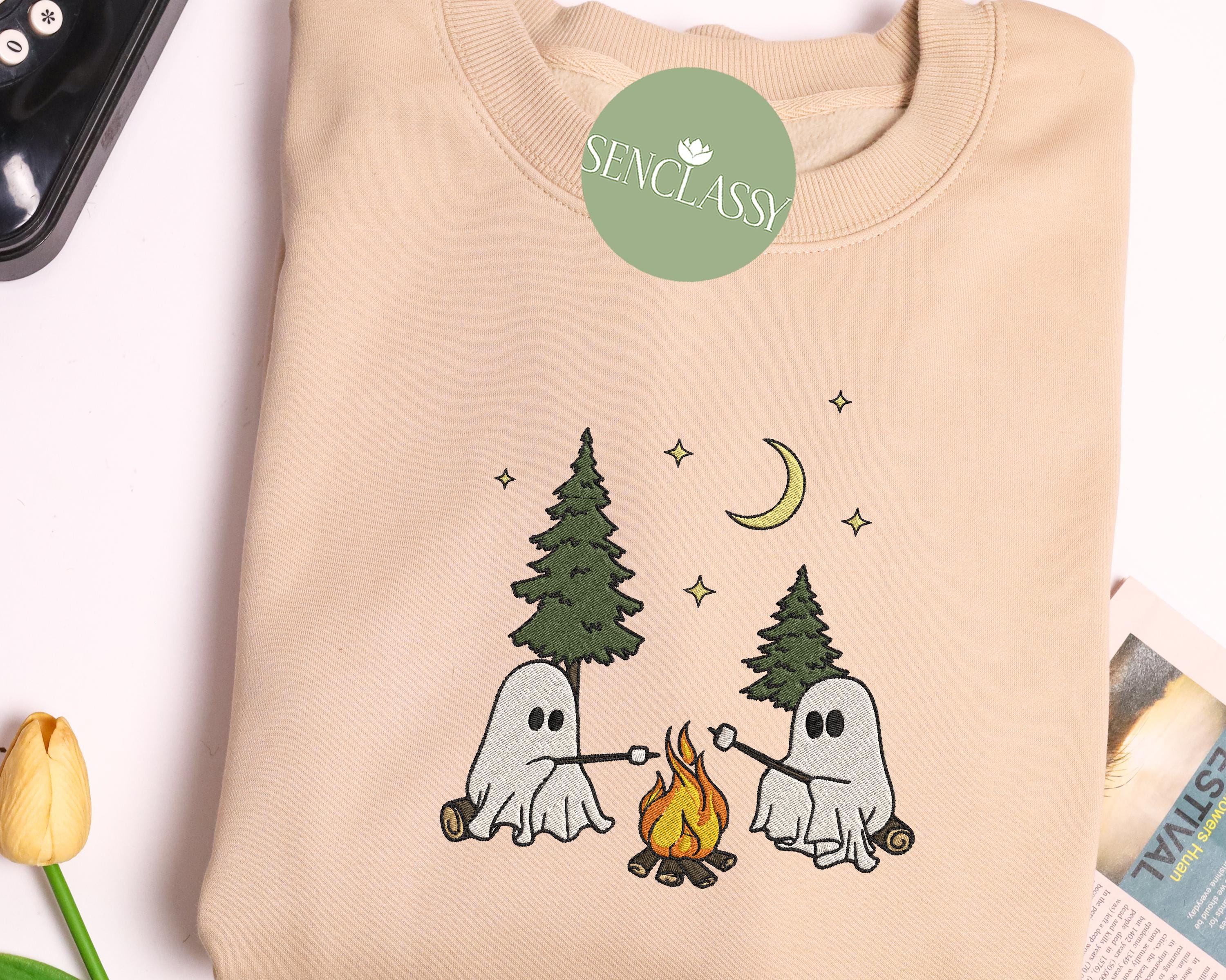 Ghost Camping Halloween Embroidered Sweatshirt, Camper Ghost Reading ...